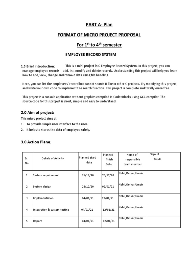 PART A-Plan Format of Micro Project Proposal For 1 To4 Semester | PDF ...