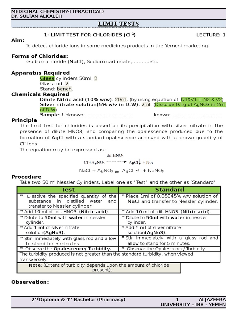Limit Test for Chlorides Procedure | PDF | Sodium Chloride | Nitric Acid