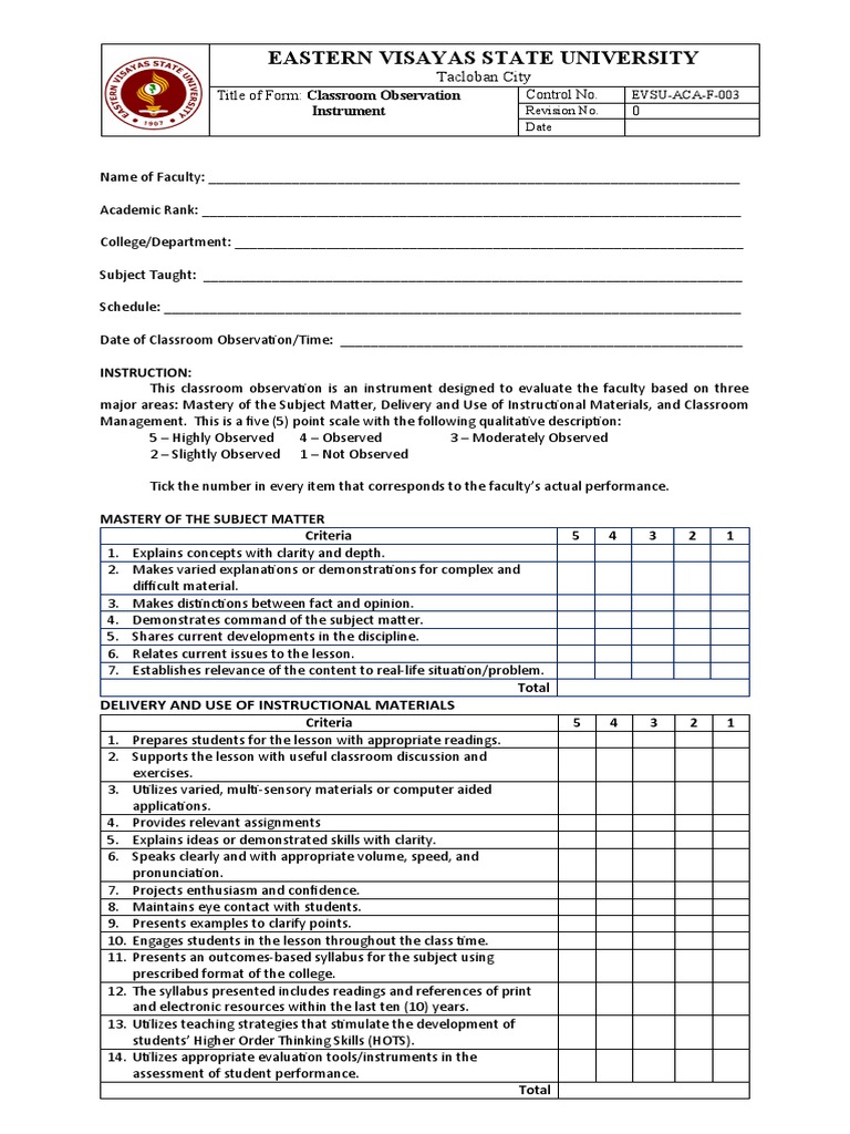 Classroom Observation Evaluation Form | PDF | Teachers | Classroom