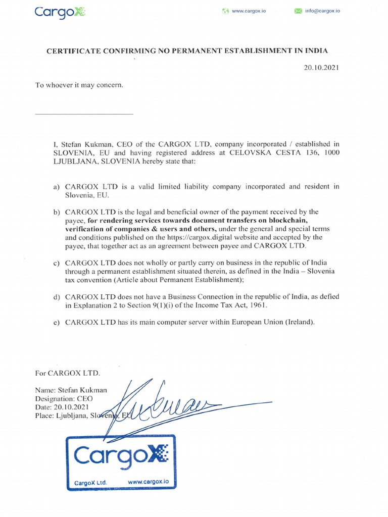 CargoX India NO PE Declaration (7832) | PDF