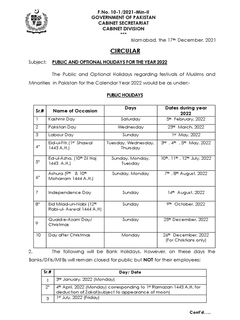 Circular: F.No. 10-1/2021-Min-II Government of Pakistan Cabinet ...