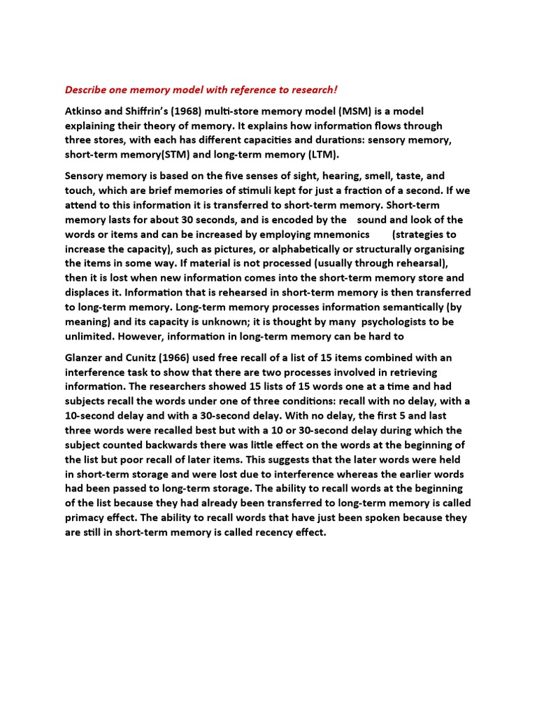 Describe One Memory Model With Reference To Research! | PDF | Amnesia ...