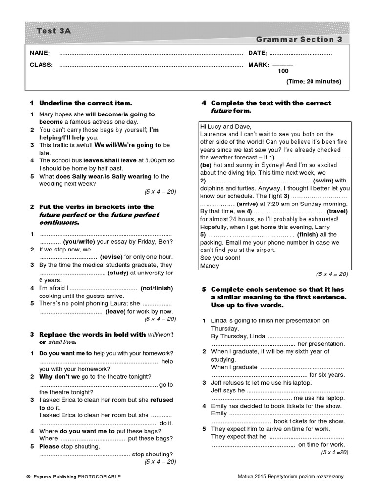 Grammar Section 3 Test 3A: Future | PDF