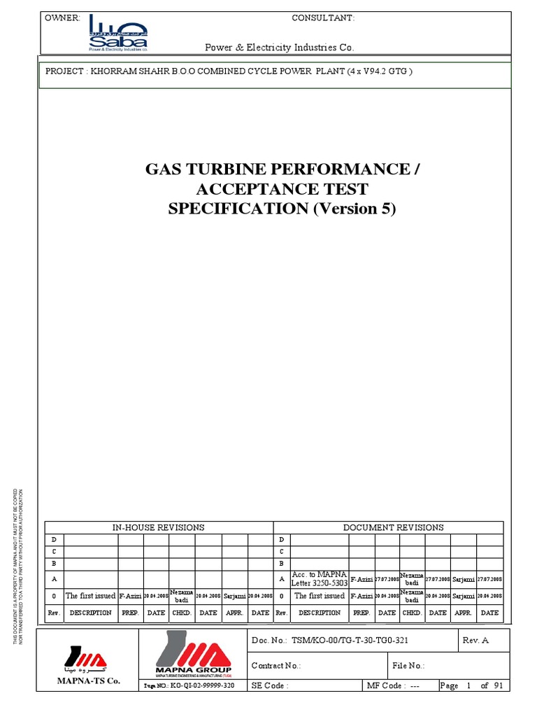 Gas Turbine Performance Test Specification | PDF | Gas Turbine | Gases