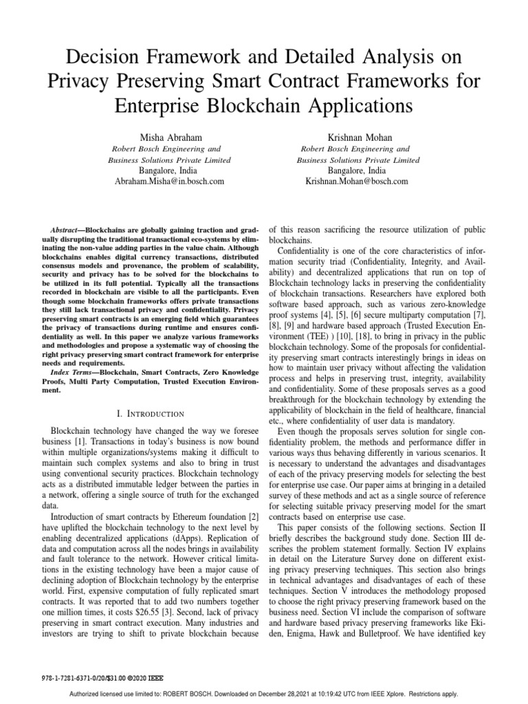 Decision Framework and Detailed Analysis On Privacy Preserving Smart Contract Frameworks For ...
