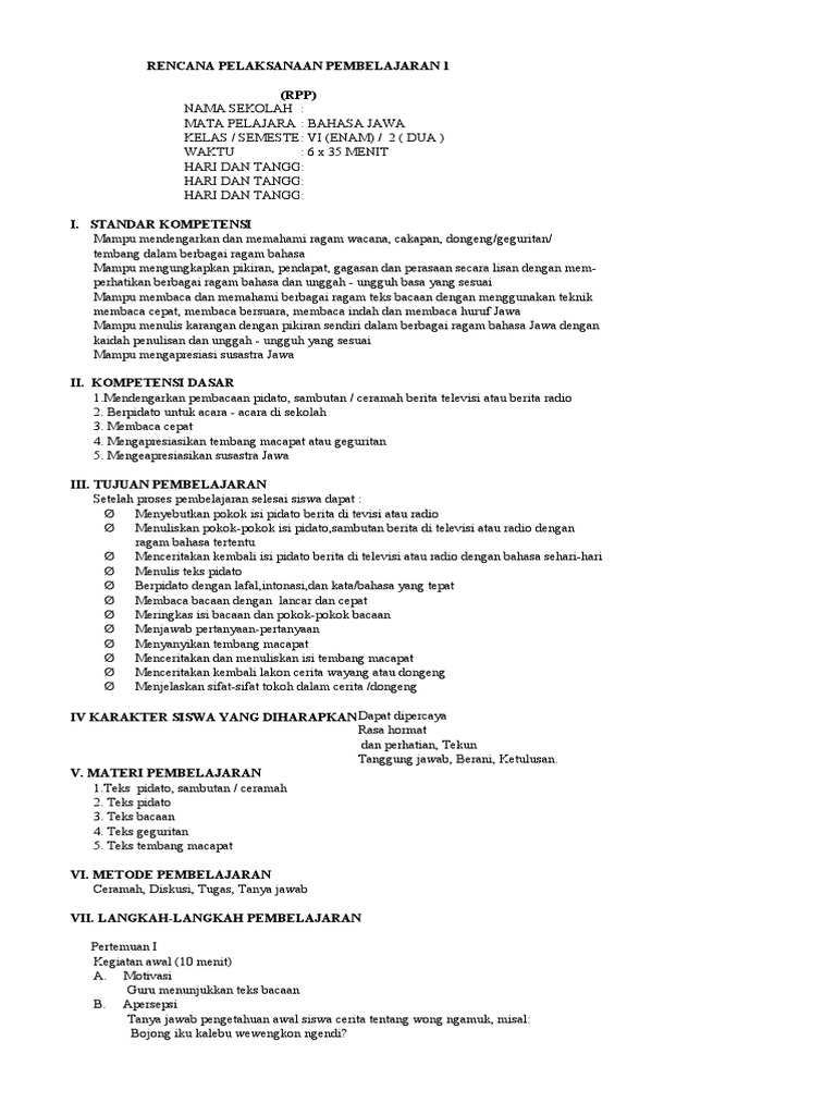 Bahasa Jawa RPP Kelas 6 | PDF