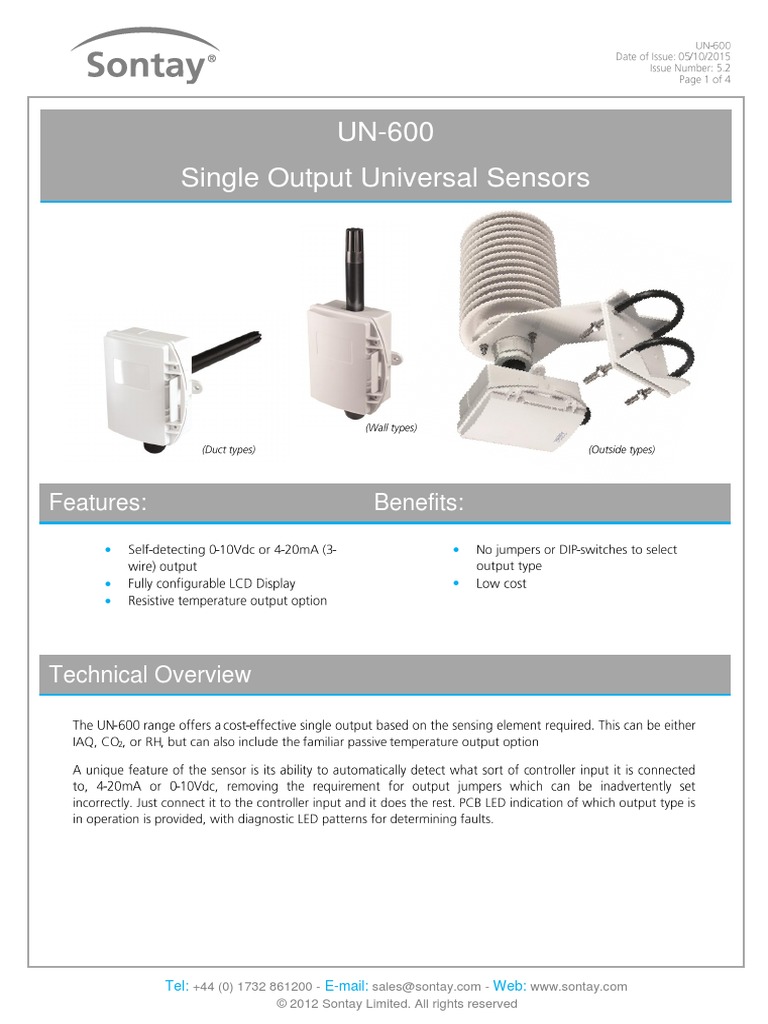 UN-600 Single Output Universal Sensors: Features: Benefits | PDF