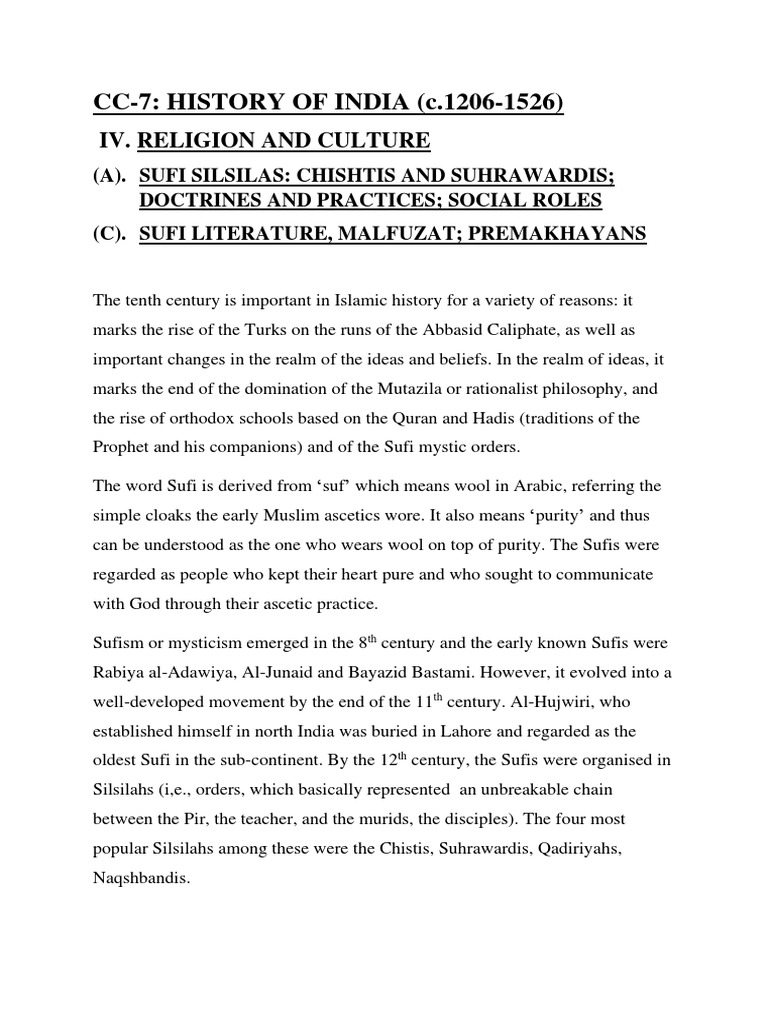 CC-7: HISTORY OF INDIA (c.1206-1526) : Iv. Religion and Culture | PDF ...