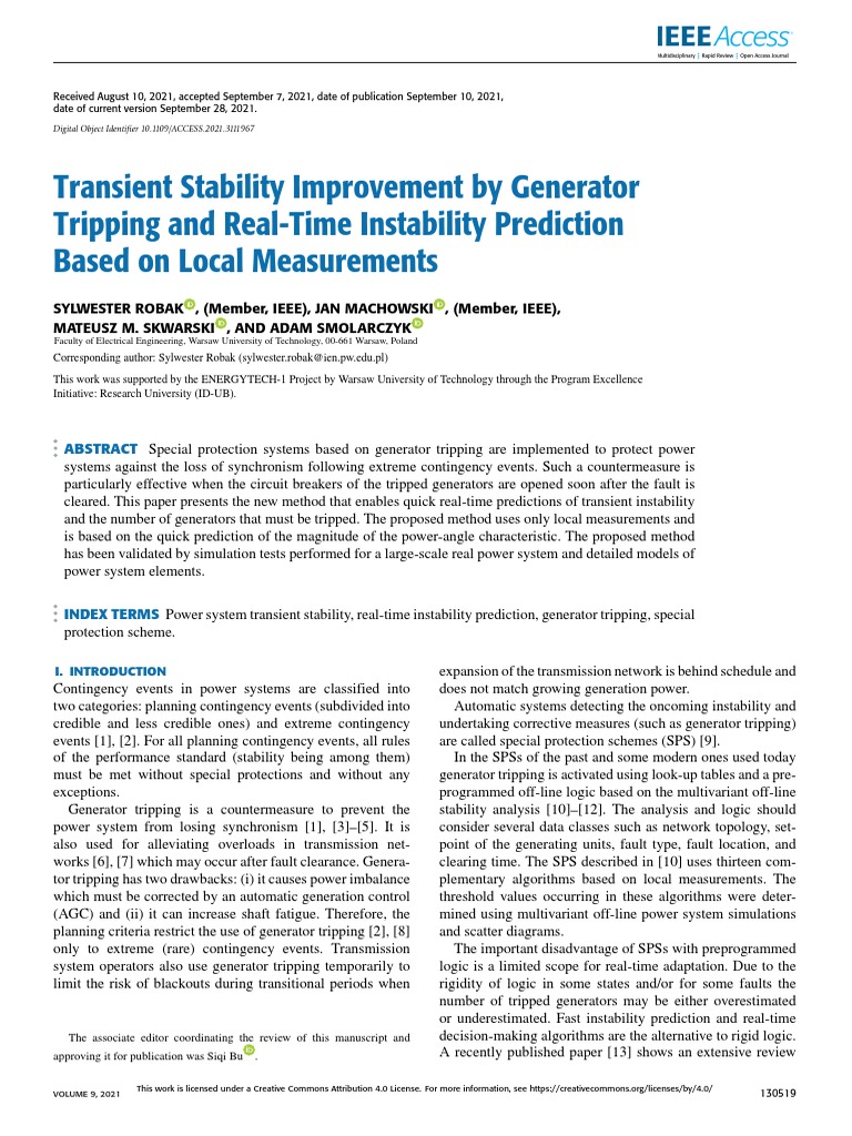 Transient Stability Improvement by Generator Tripping and Real-Time ...