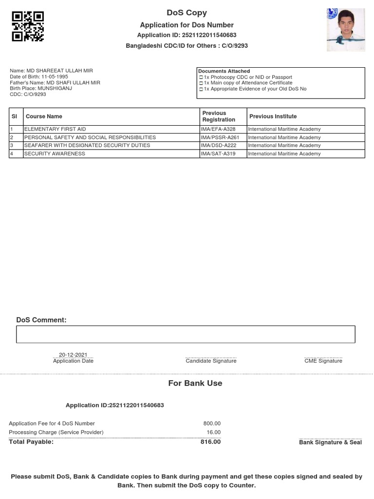 Application For Dos Number: Application ID: 2521122011540683 ...