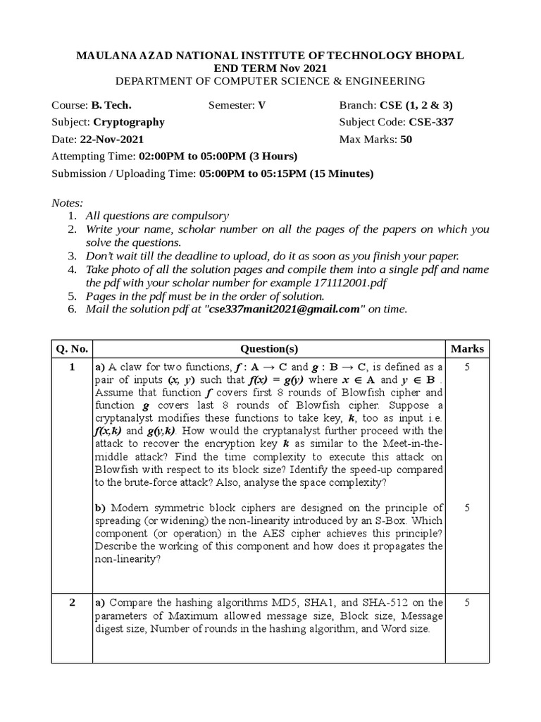 Cryptography Exam Paper CSE-337 | PDF | Key (Cryptography) | Encryption