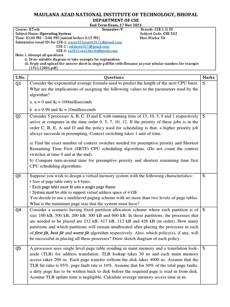 Cse 312 - Os End Term - 17 Nov 2021 Final | PDF | Computing | Computer Architecture