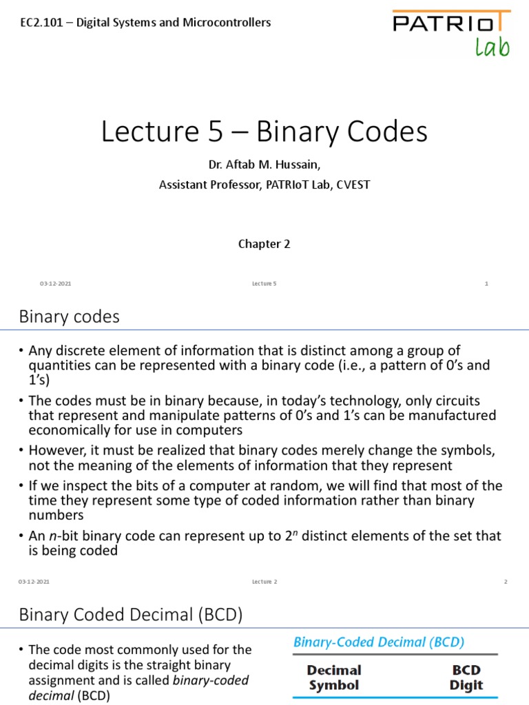 Lecture 005 - Binary Codes | PDF | Binary Coded Decimal | Ascii