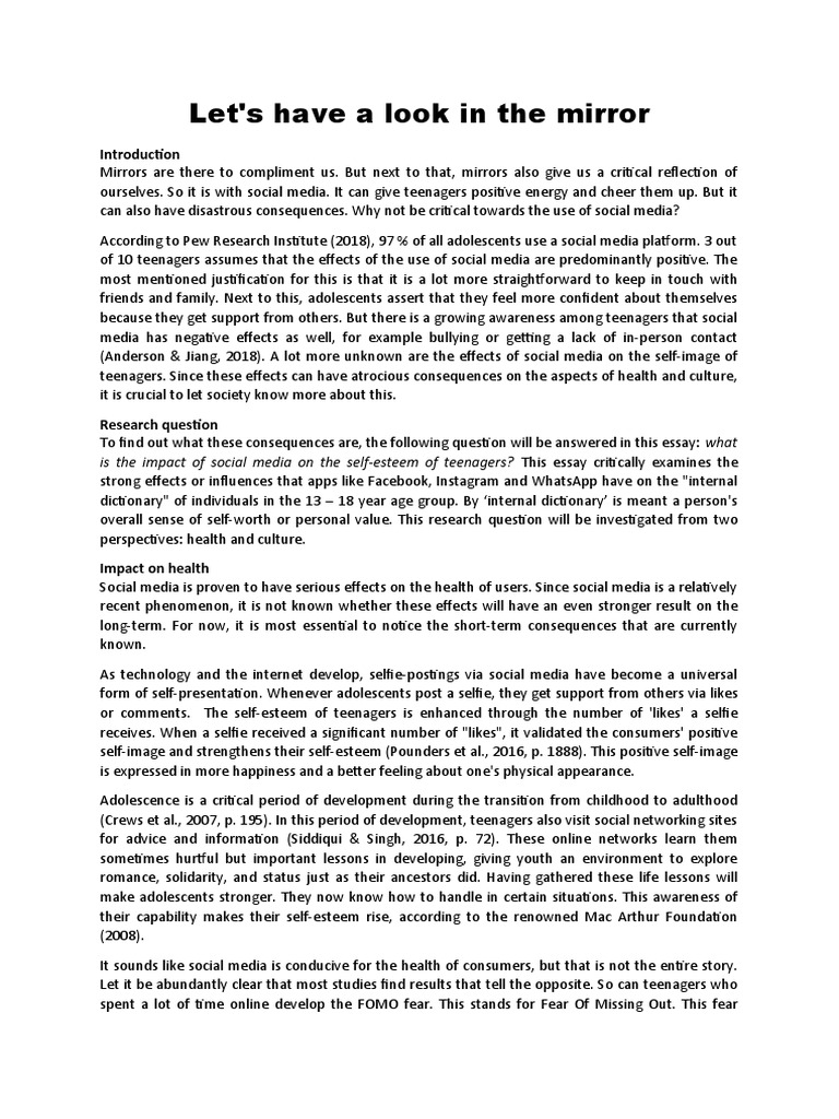 Essay On The Impact of Social Media On The Self-Esteem of Teenagers ...