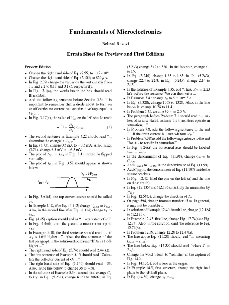 Fundamentals of Microelectronics Errata Sheet | PDF | Transistor | Fraction (Mathematics)