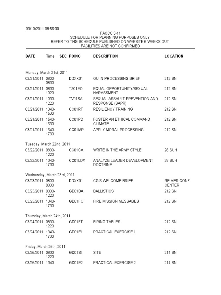 2011 Army Training Schedule Overview | PDF | Military Intelligence ...