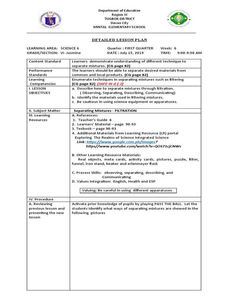 Detailed Lesson Plan: (S6FE-III d-f-2) | PDF | Filtration | Education ...