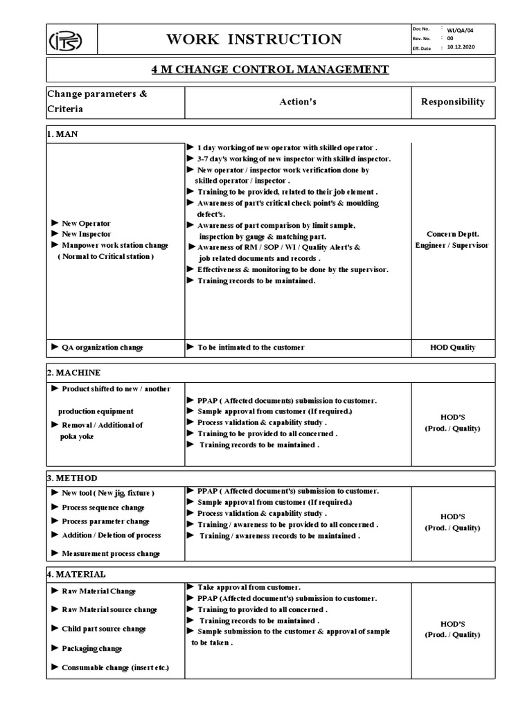 4M Change Control Management Work Instruction | PDF | Systems ...