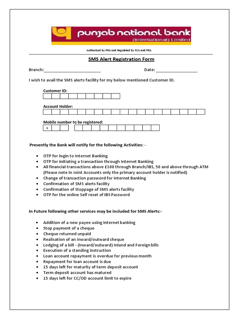 SMS Alert Registration Form | PDF | Online Banking | Banks & Banking