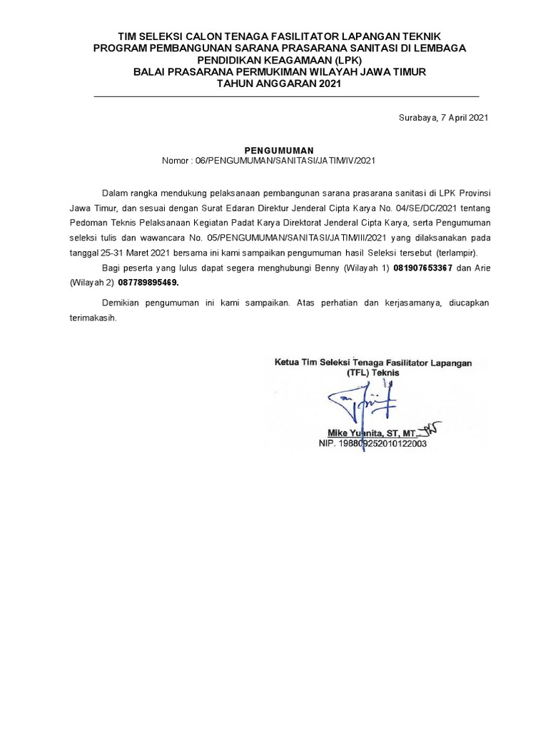 1617793150-Pengumuman Hasilseleksi TFL LPK2 | PDF