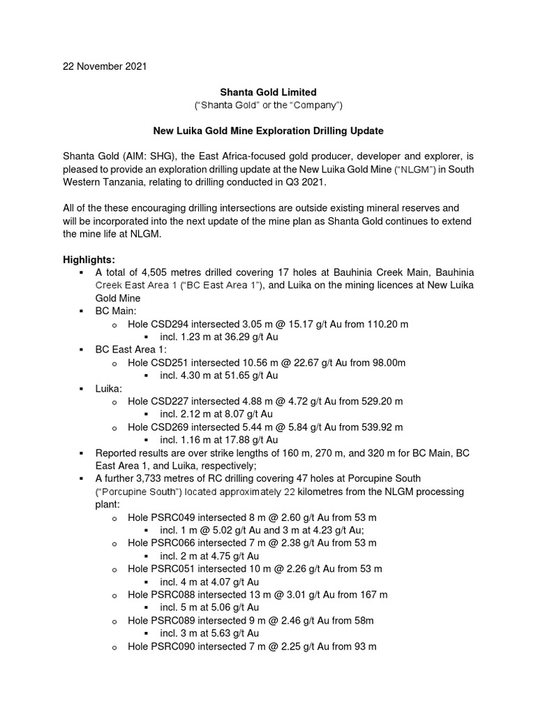 New Luika Gold Mine Drilling Update | PDF | Geology