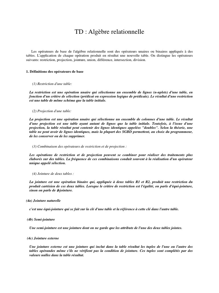TD1 Algebre Relationnelle | PDF | Mathématiques | Logique mathématique
