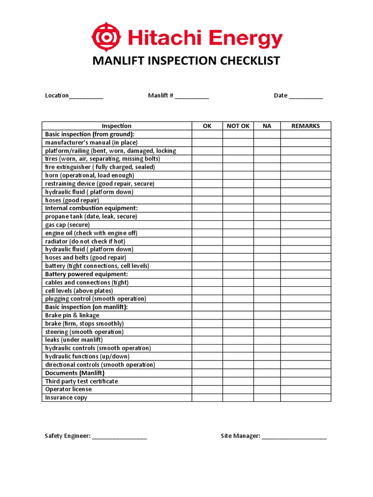 Manlift Inspection Checklist Form | PDF | Computers