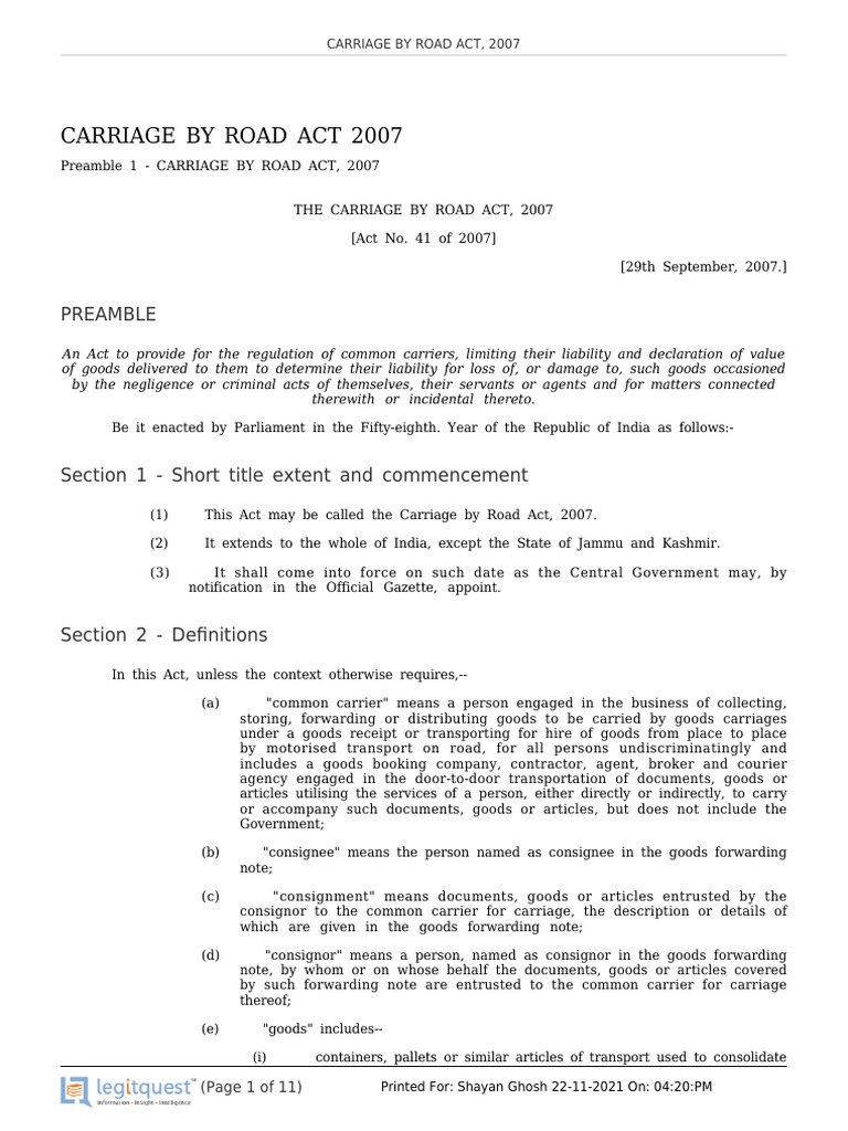 Carriage by Road Act 2007 Overview | PDF | Legal Liability | Common Carrier