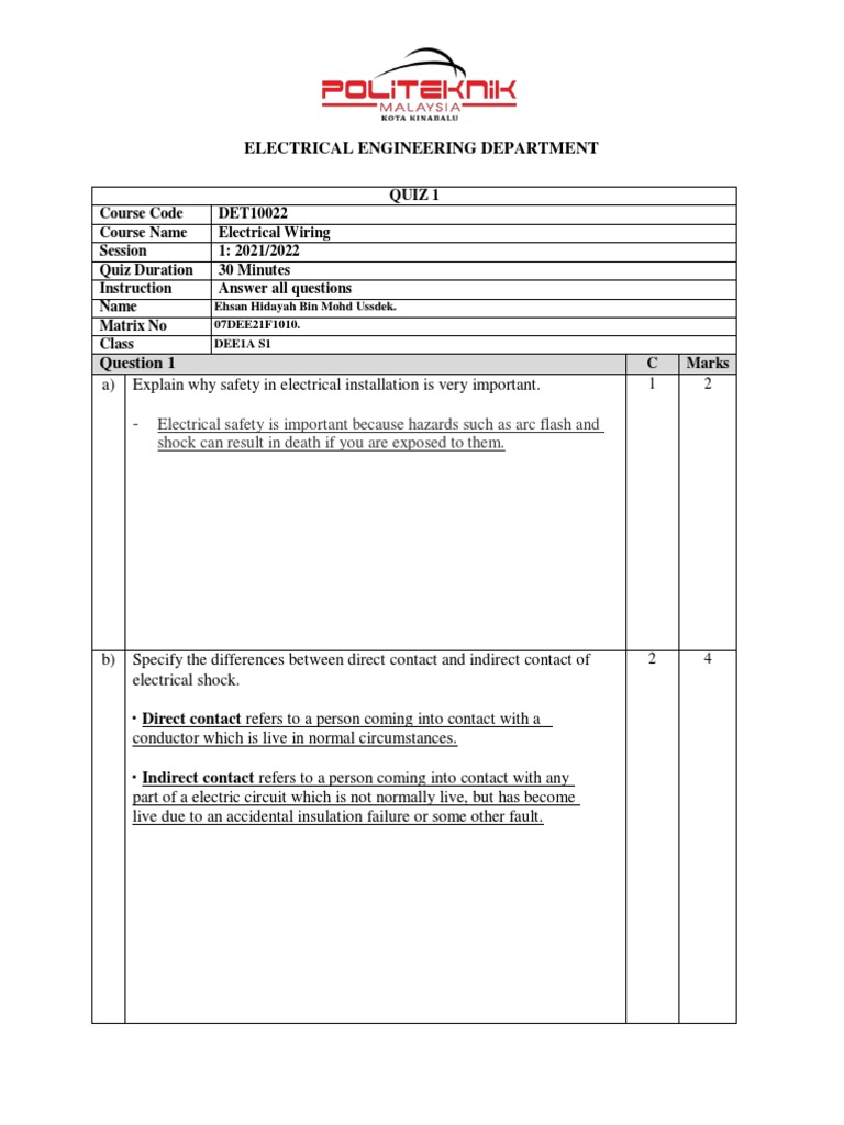 Electrical Installation Quiz Insights | PDF | Electrical Wiring | Ac ...