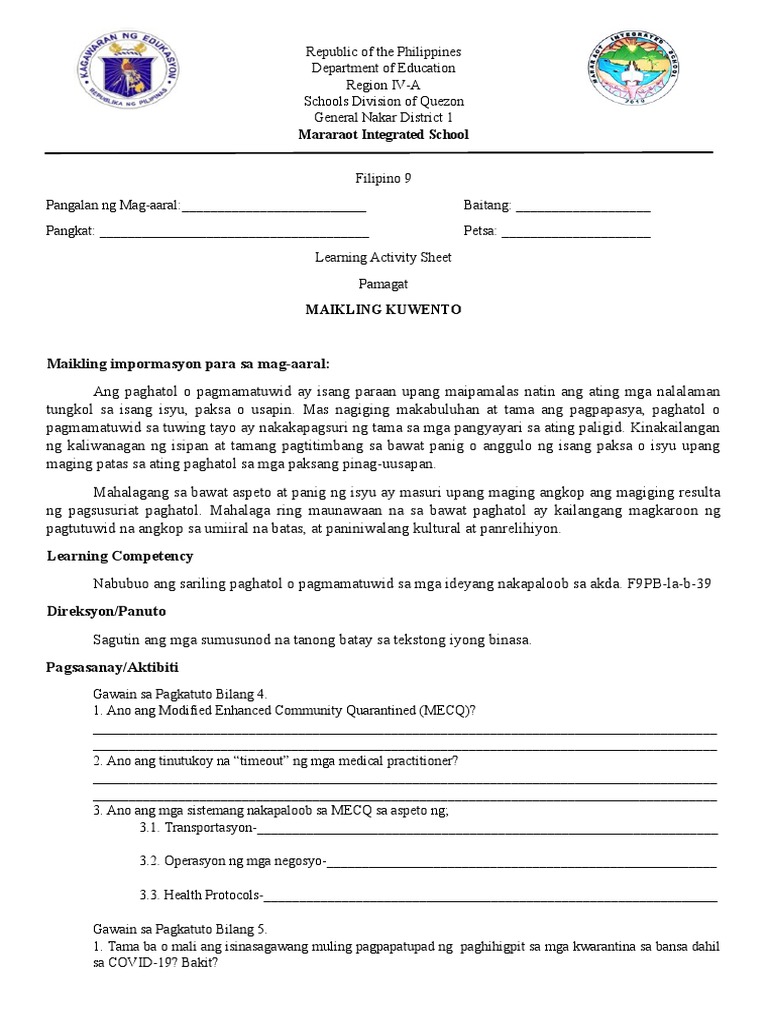 Learning Activity Sheet Filipino Week1 | PDF