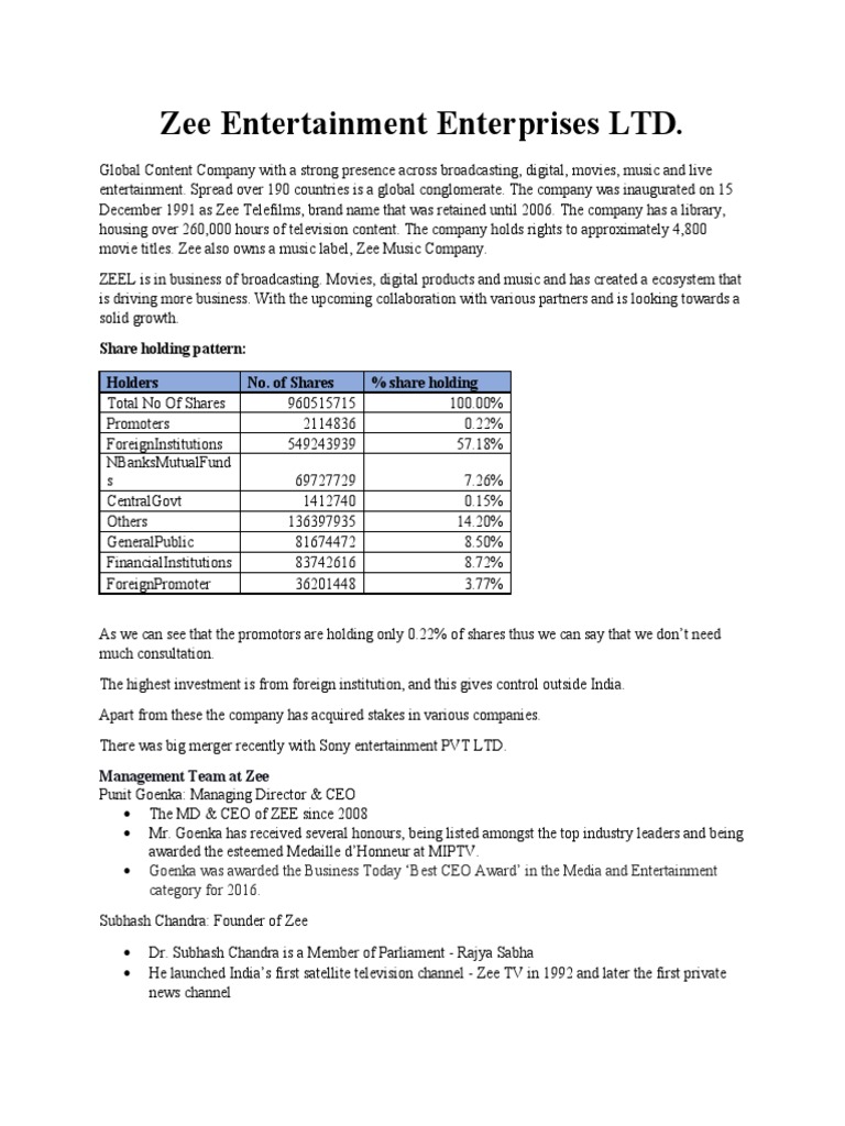 Zee Entertainment Enterprises LTD | PDF | Mass Media