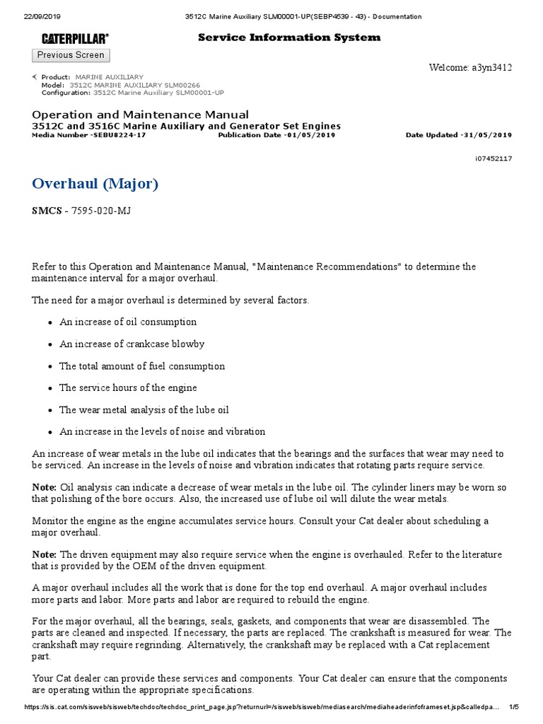 3512C Marine Auxiliary SLM00001-UP (SEBP4539 - 43) - Documentation Overhaul 1 | PDF | Piston | Pump