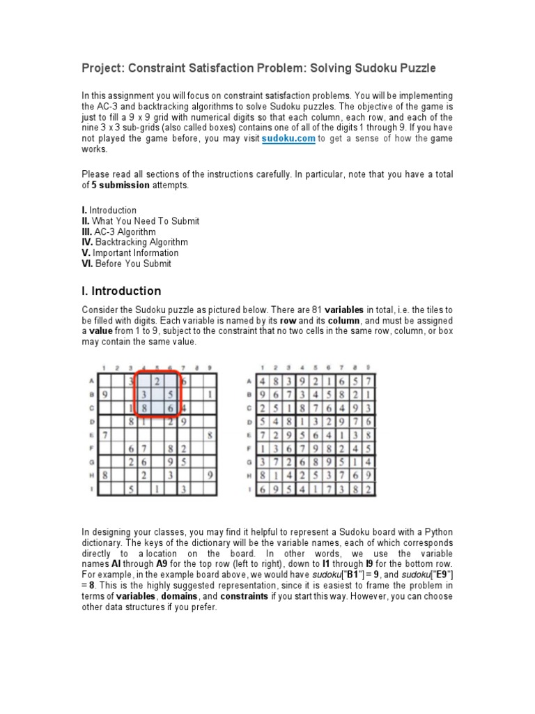 Project Constraint Satisfaction Problem Solving Sudoku Puzzle Pdf Algorithms Computer