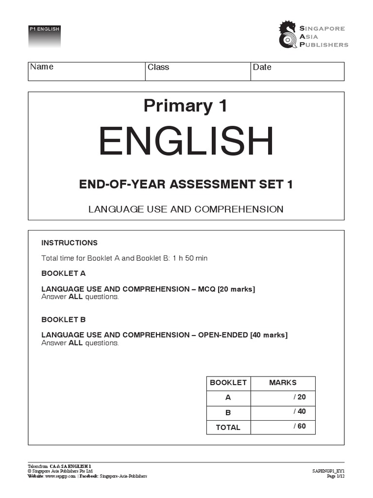 P1English - End of Year Set 1 | PDF