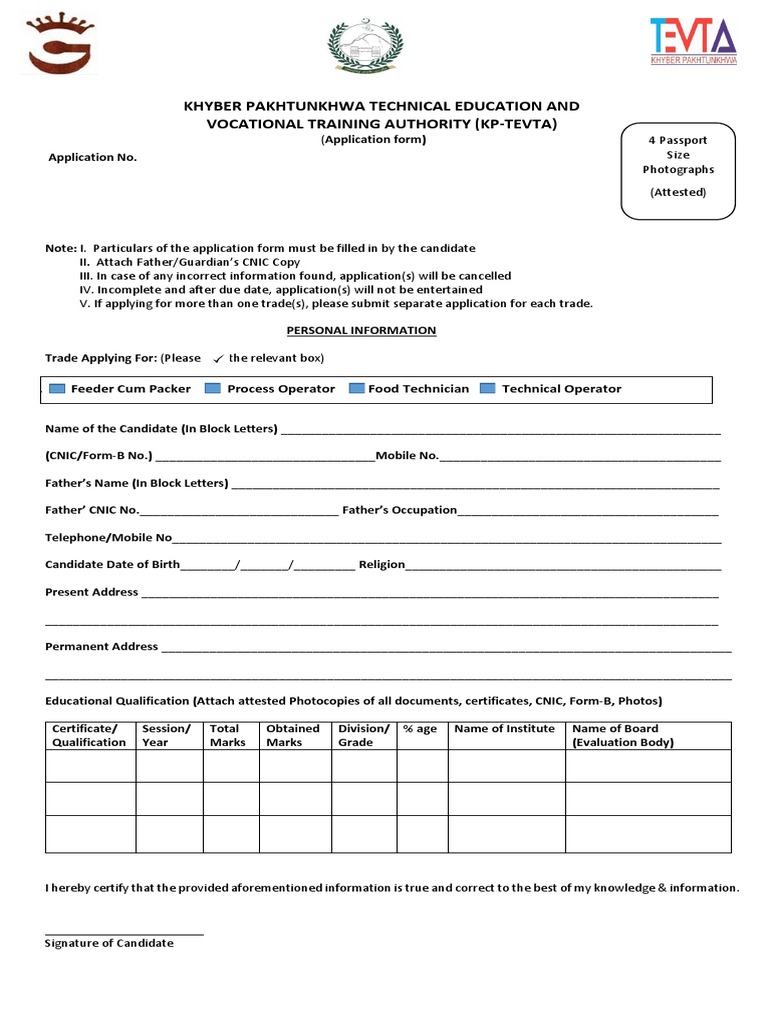 CFL TEVTA Admission Form PDF | PDF