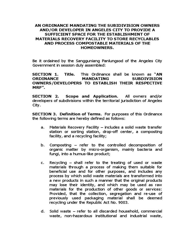 Ordinance Mandating Owners of Subdivision in AC To Establish MRF | PDF ...