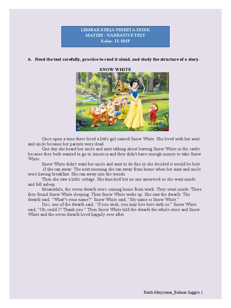 Narrative Text: Snow White & Mr. Lebai | PDF | Snow White