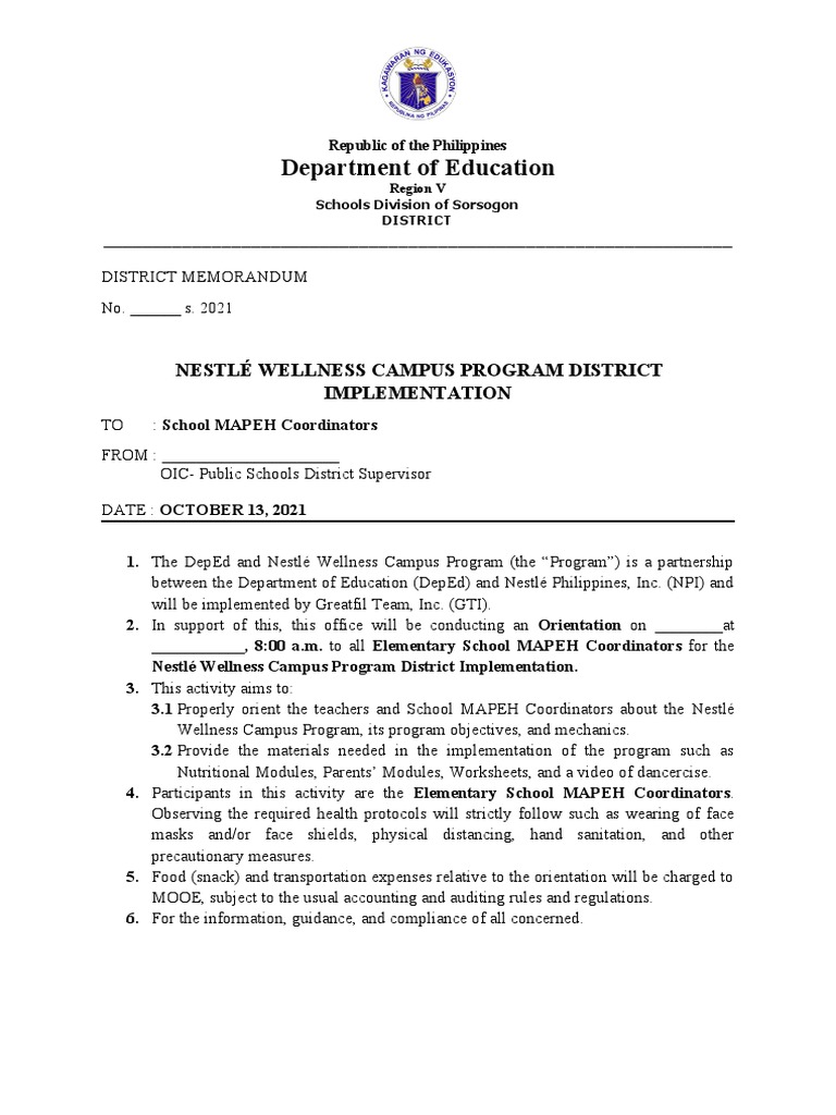 Memorandum For District Orientation | PDF