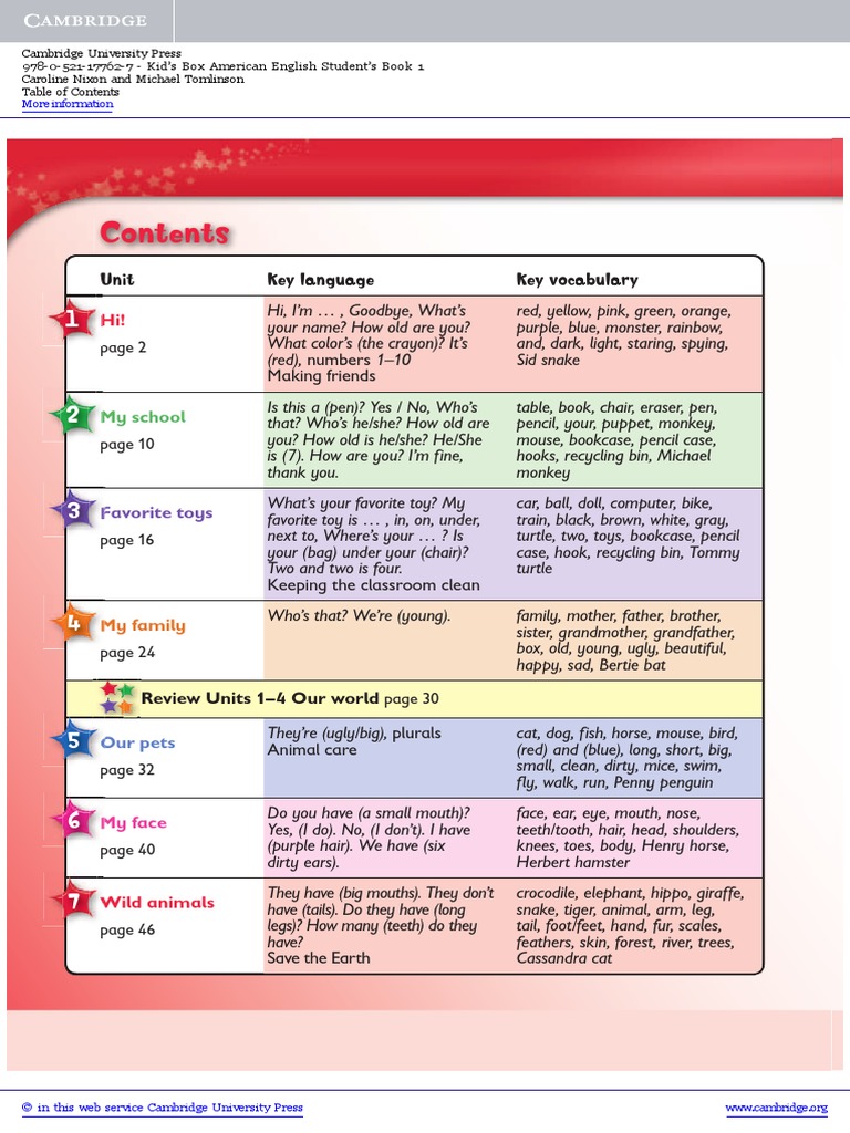 Kids Box American English Level1 Students Book Table of Contents | PDF
