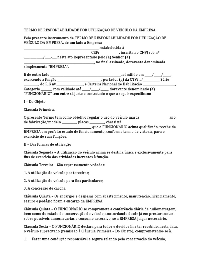 Termo De Responsabilidade Por Utilizacao De Veiculo Da Empresa Pdf