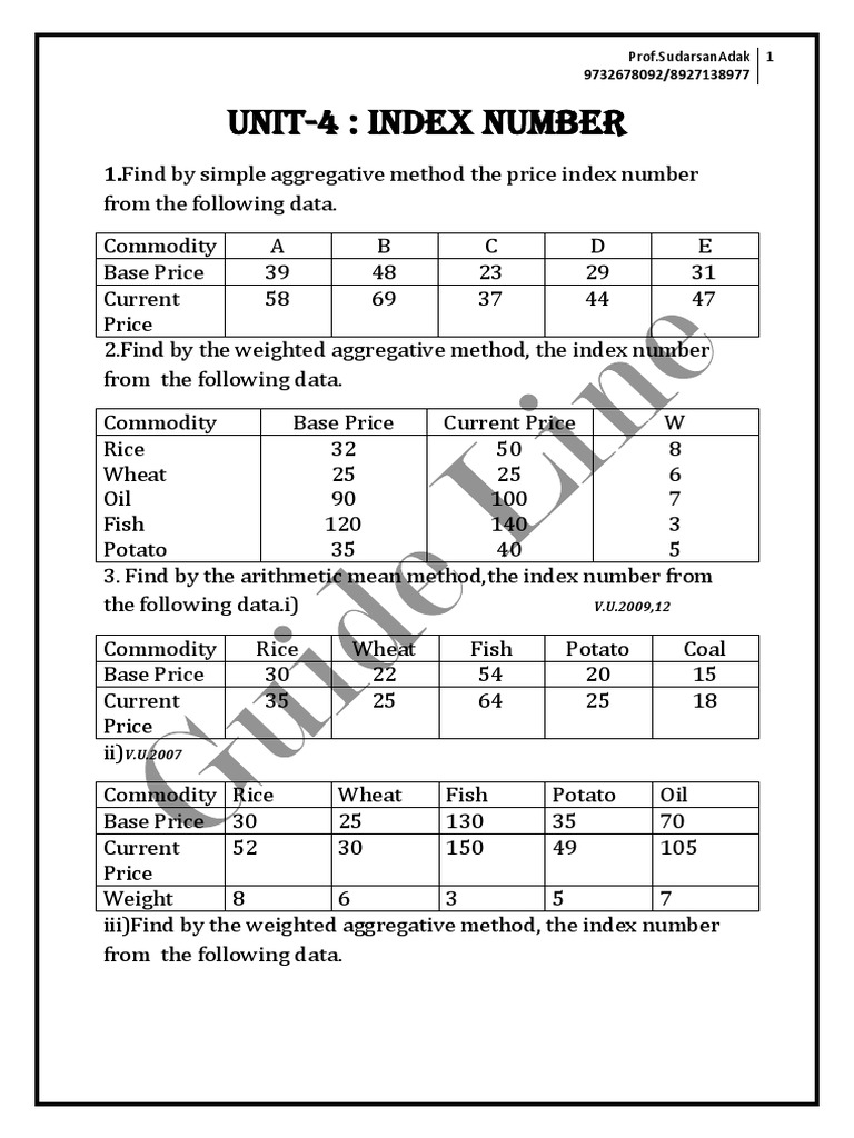 Unit-4: Index Number: 1.find by Simple Aggregative Method The Price Index Number | Download Free ...