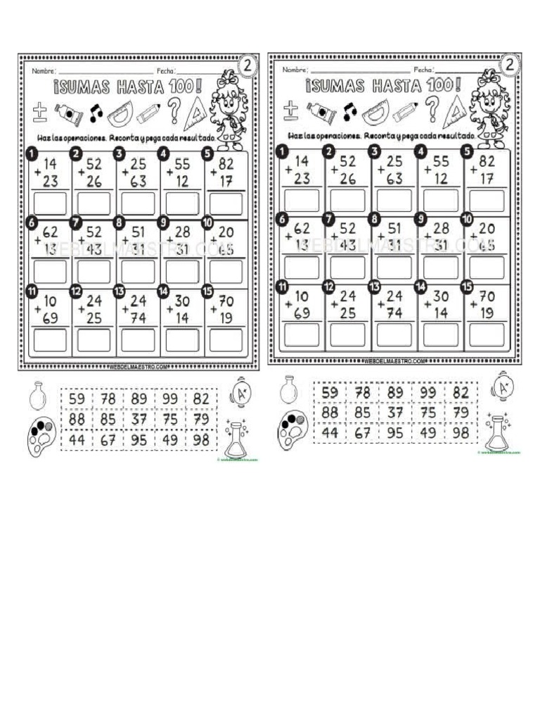 Fichas Suma y Resta Hasta 100 | PDF