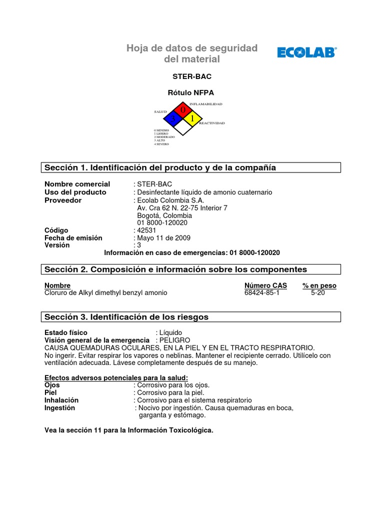 Msds Ster-Bac v3 | PDF | Agua | Quemar