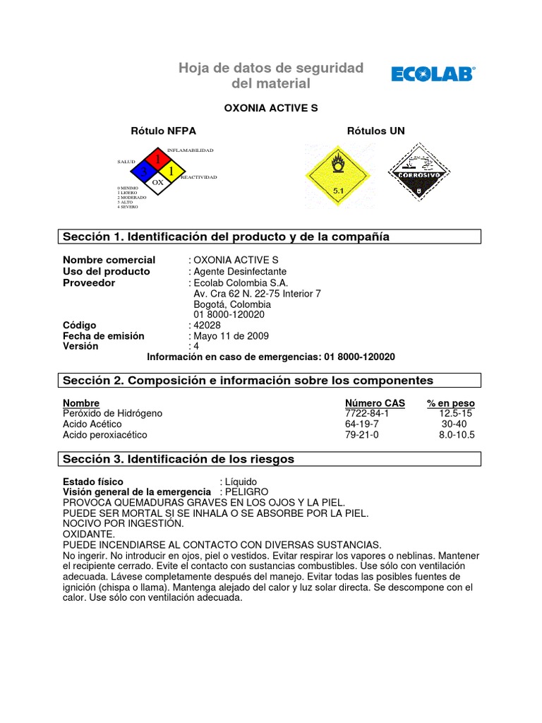 Hoja de datos de seguridad de OXONIA ACTIVE S: Un desinfectante químico ...