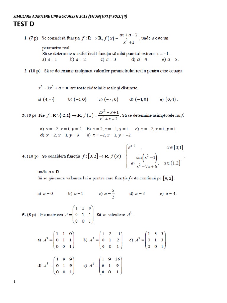 Simulare Admitere Upb 2013 Test D | PDF