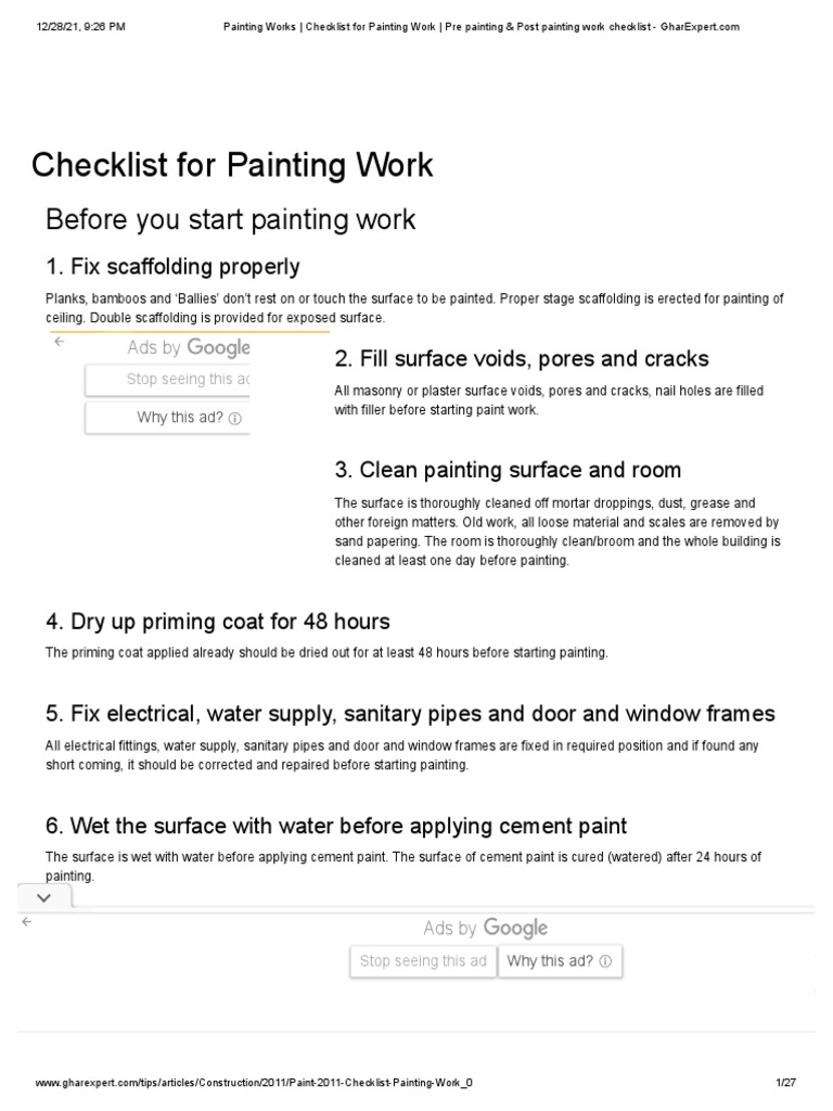 Painting Works - Checklist For Painting Work - Pre Painting & Post ...
