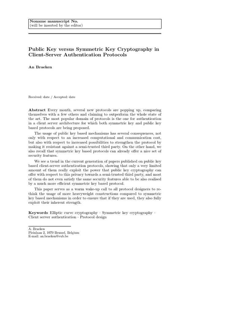 Public Key Versus Symmetric Key Cryptography in Client-Server Authentication Protocols ...
