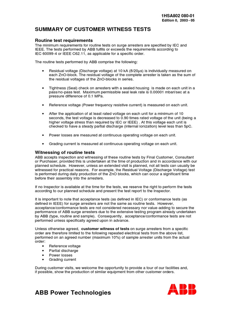 Summary of Customer Witness Tests: Routine Test Requirements | PDF ...