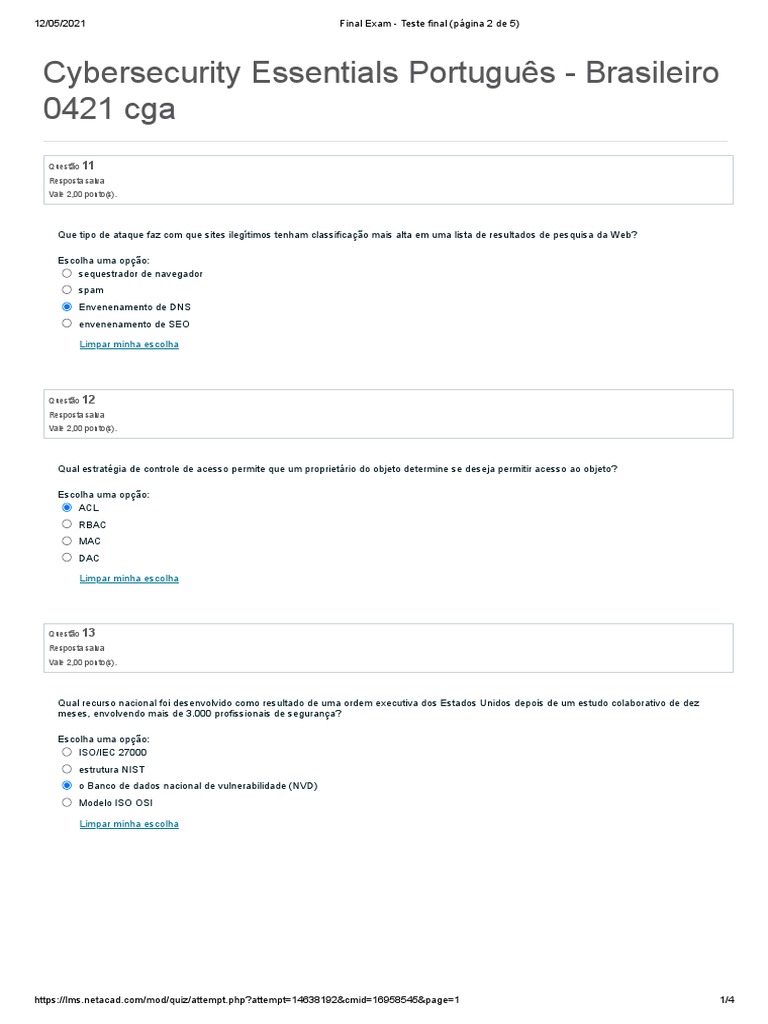 Teste Final Cybersecurity Essentials Cisco 2 | PDF | Rede de ...
