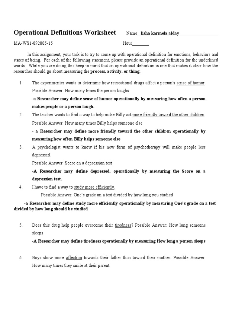 Operational Definitions Worksheet: Iisha Karmela Alday | PDF | Social ...